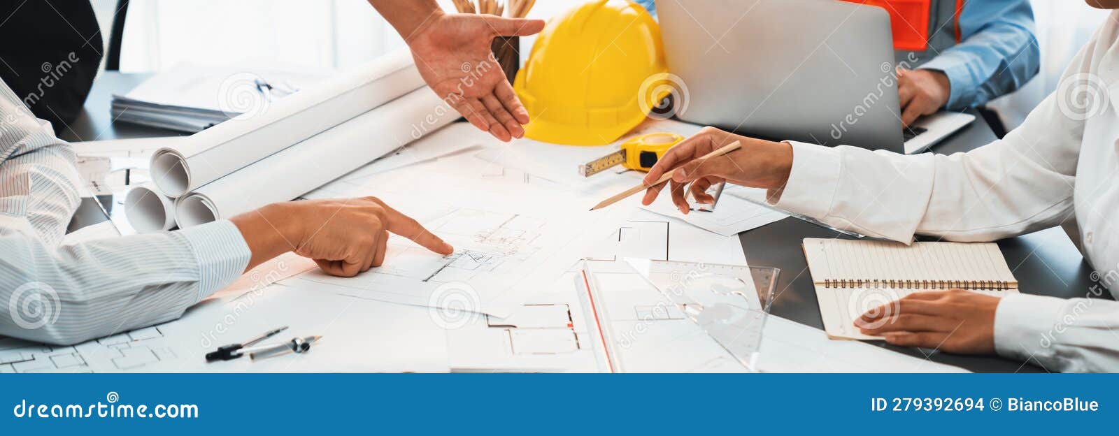 Engineer Partner Drawing and Working on Blueprint Design Together ...