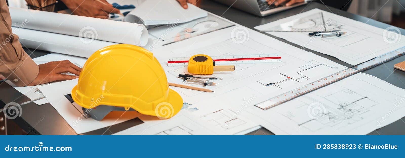 Engineer Partner Drawing and Working on Blueprint Design Together ...