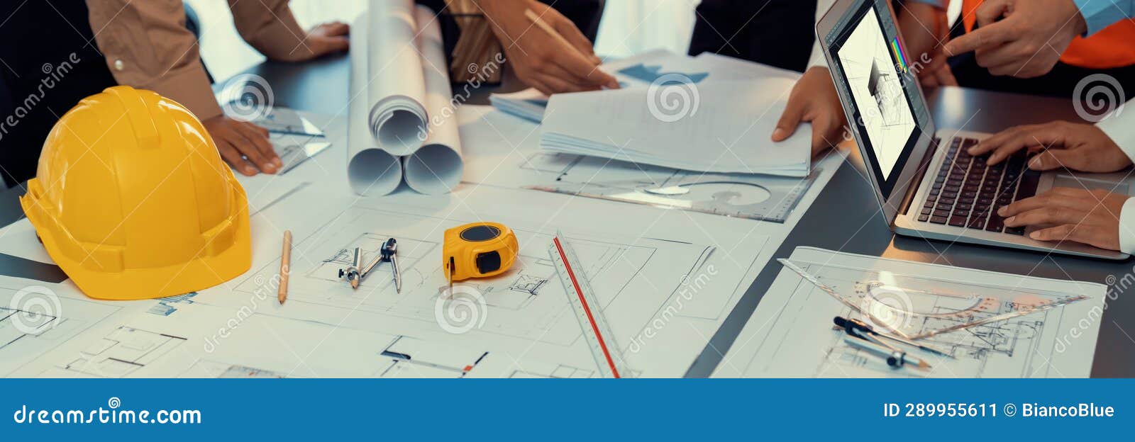 Engineer Partner Drawing and Working on Blueprint Design Together ...