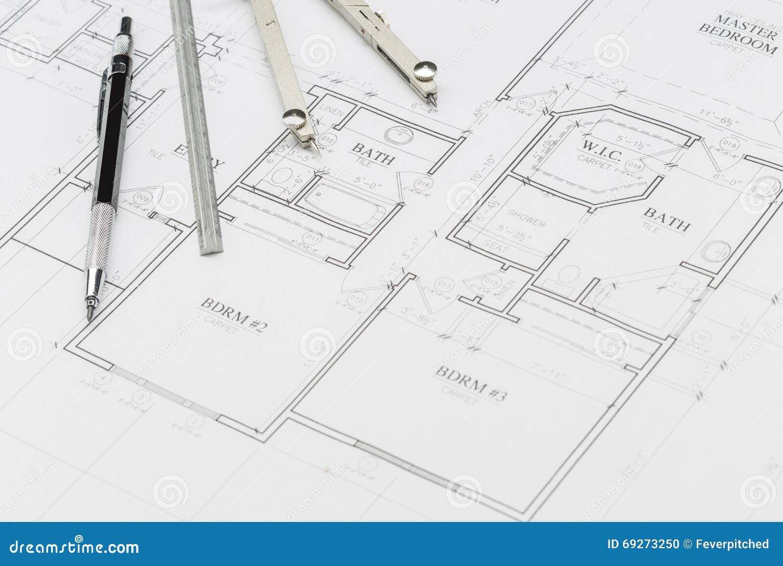 Engineer Pencil, Ruler And Keys Resting On House Plans Royalty-Free ...