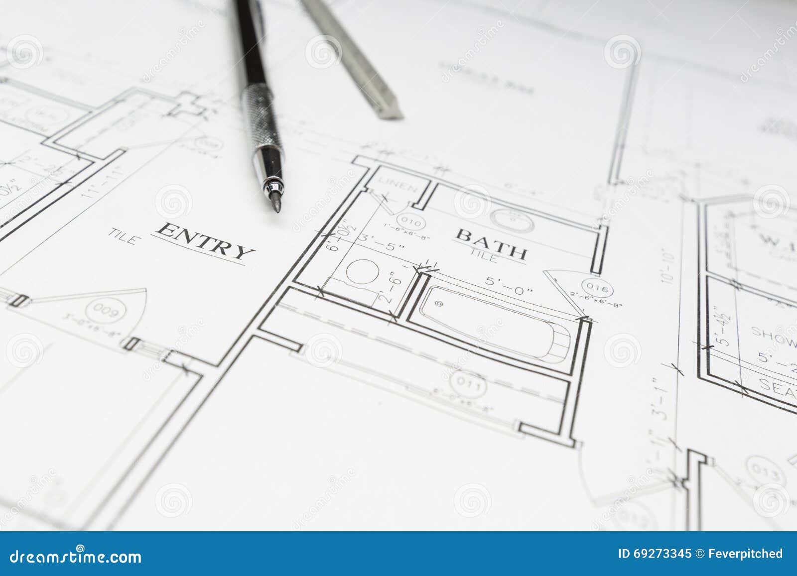 Engineer Pencil and Ruler Resting on House Plans Stock Image - Image of ...