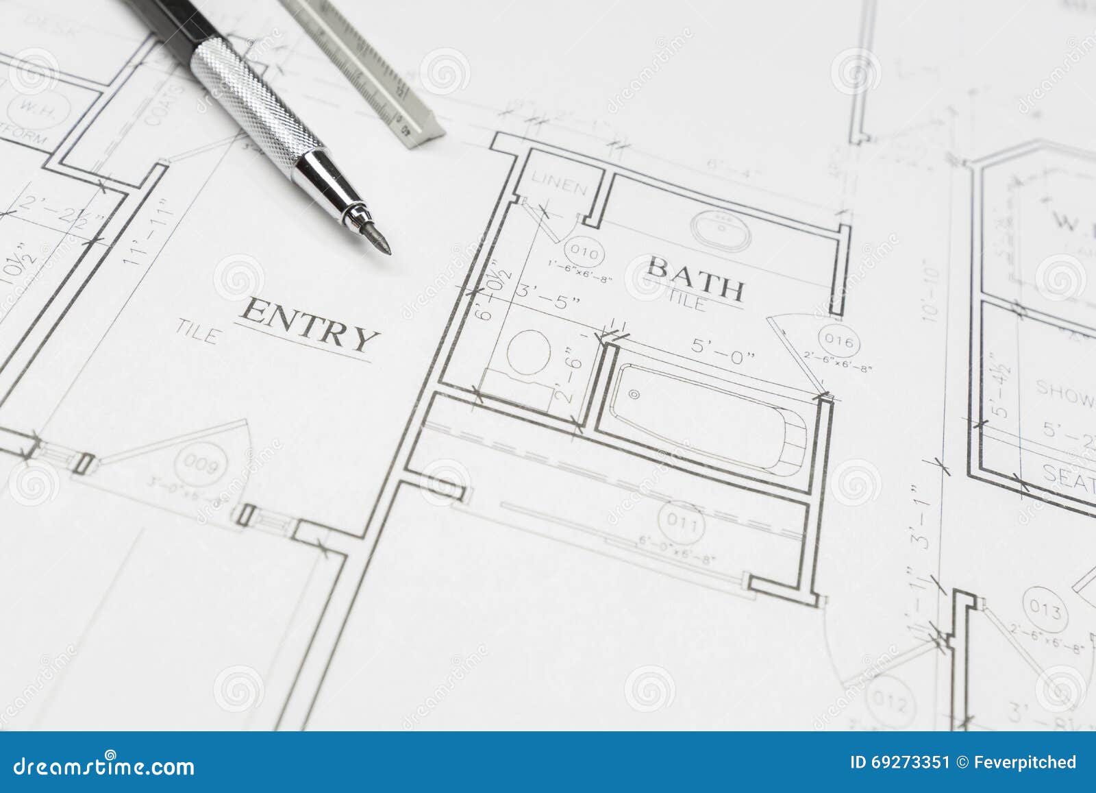 Engineer Pencil and Ruler Resting on House Plans Stock Image - Image of ...