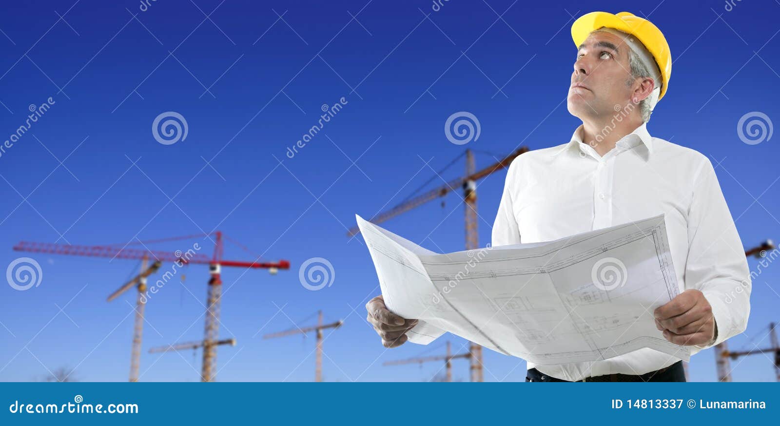 Engineer Plan Construction Cranes Blue Sky Stock Image - Image of ...