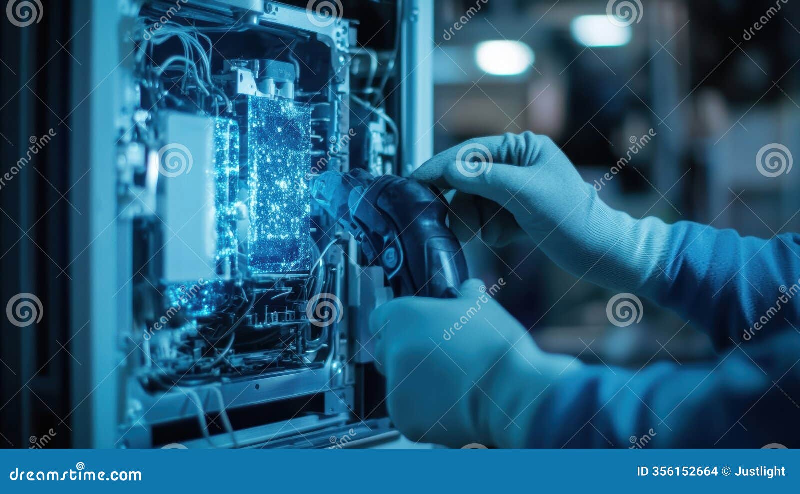 Engineer Plugging Futuristic Charging Cable into Server Rack in High ...