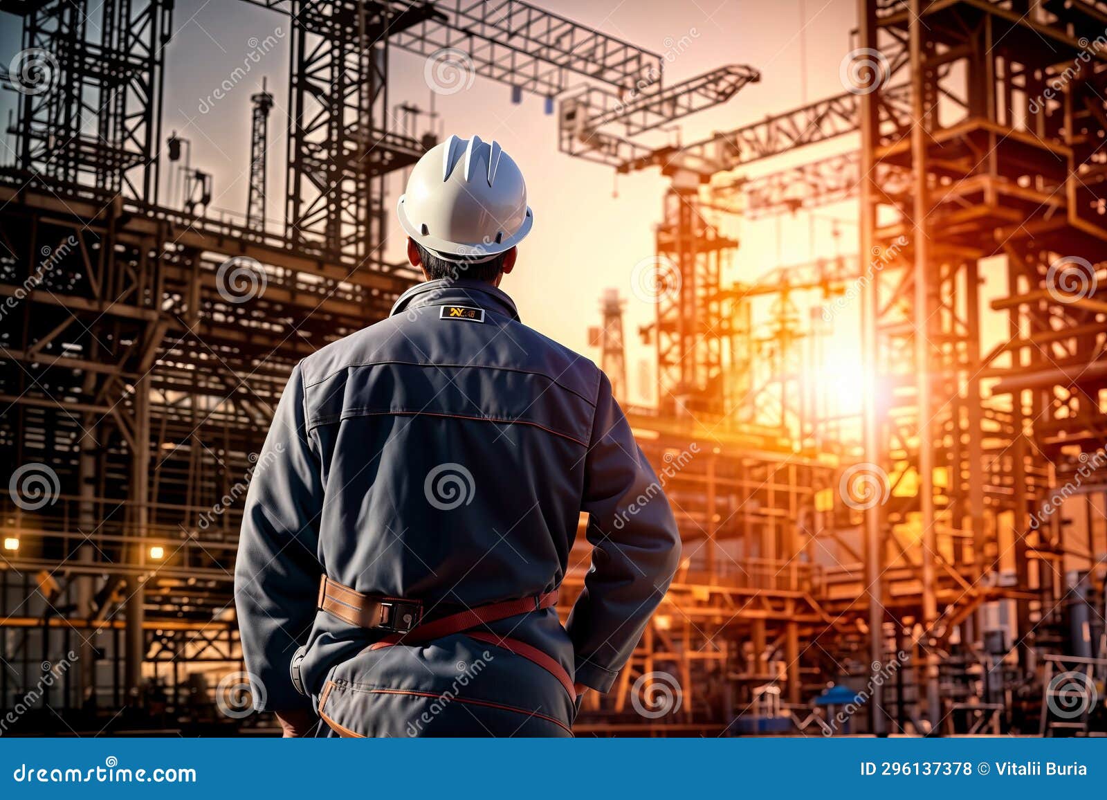Engineer Standing in Front of the Construction Site with Sunset ...