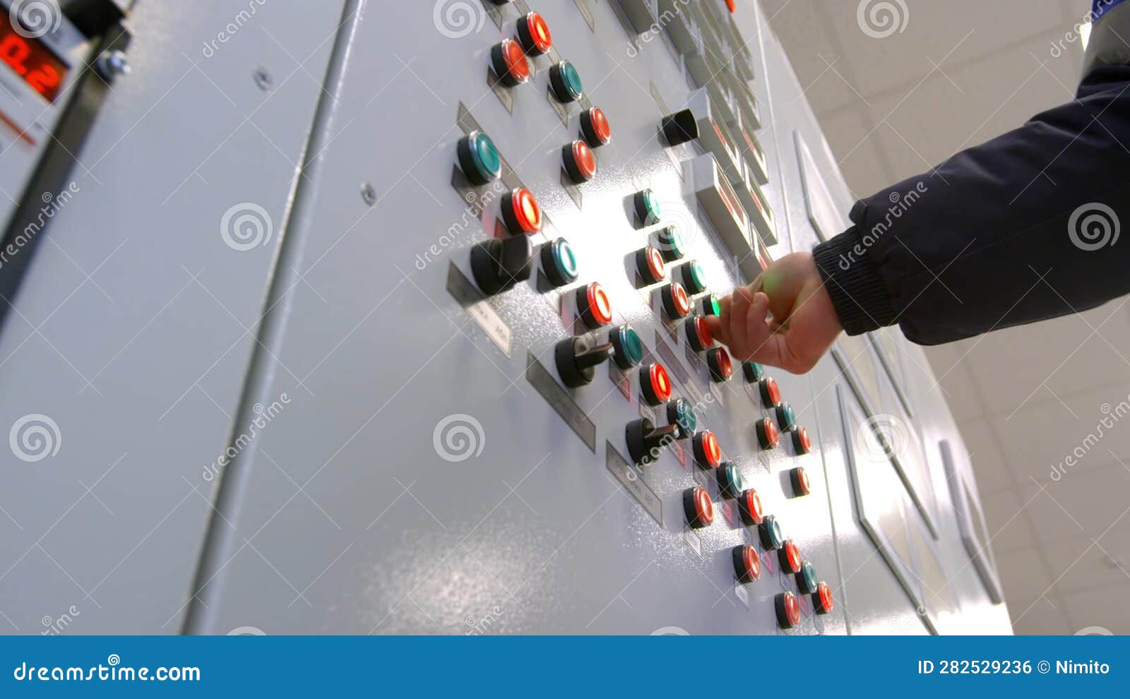 Engineer Presses Button on Modern Control Panel Stock Photo - Image of ...