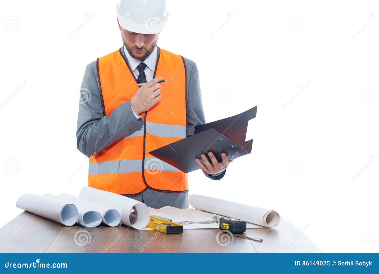 Engineer Reading Drawing Plan of Building and Analyzing. Stock Image ...
