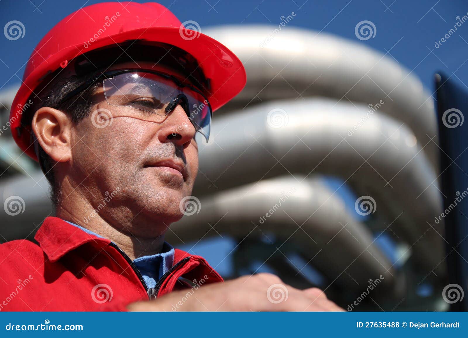 Engineer with Red Hard Hat and Pipelines Stock Photo - Image of ...