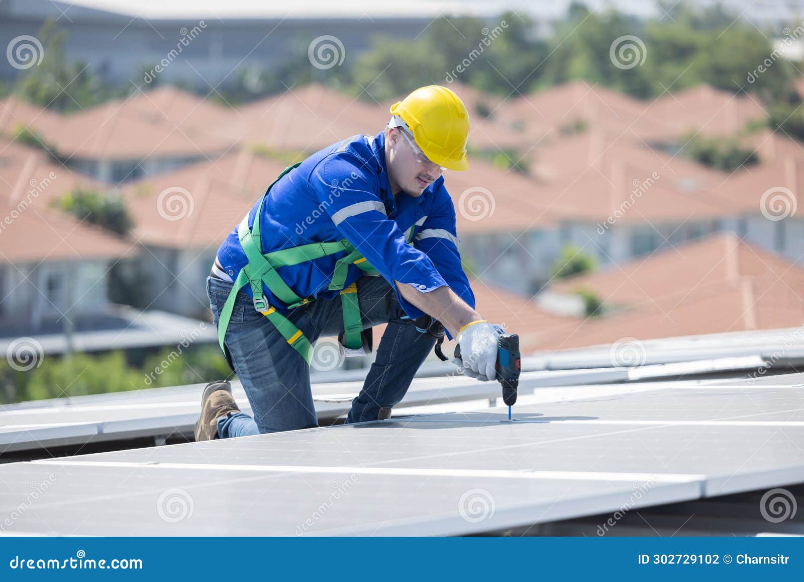 Engineer Repair Solar Panel on the Factory Rooftop Stock Photo - Image ...