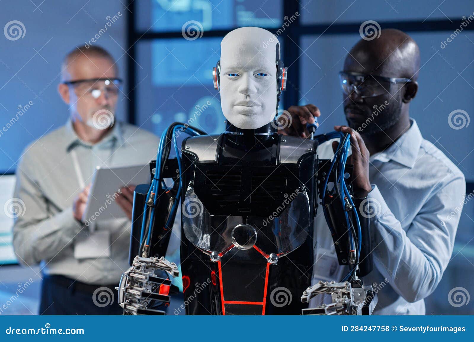 Engineer Repairing Robot with Tools Stock Photo - Image of development ...
