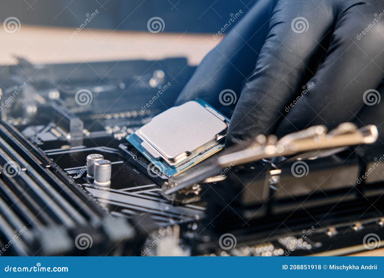 Engineer Repairman Holding Hands in Black Gloves Chip Processor CPU To ...
