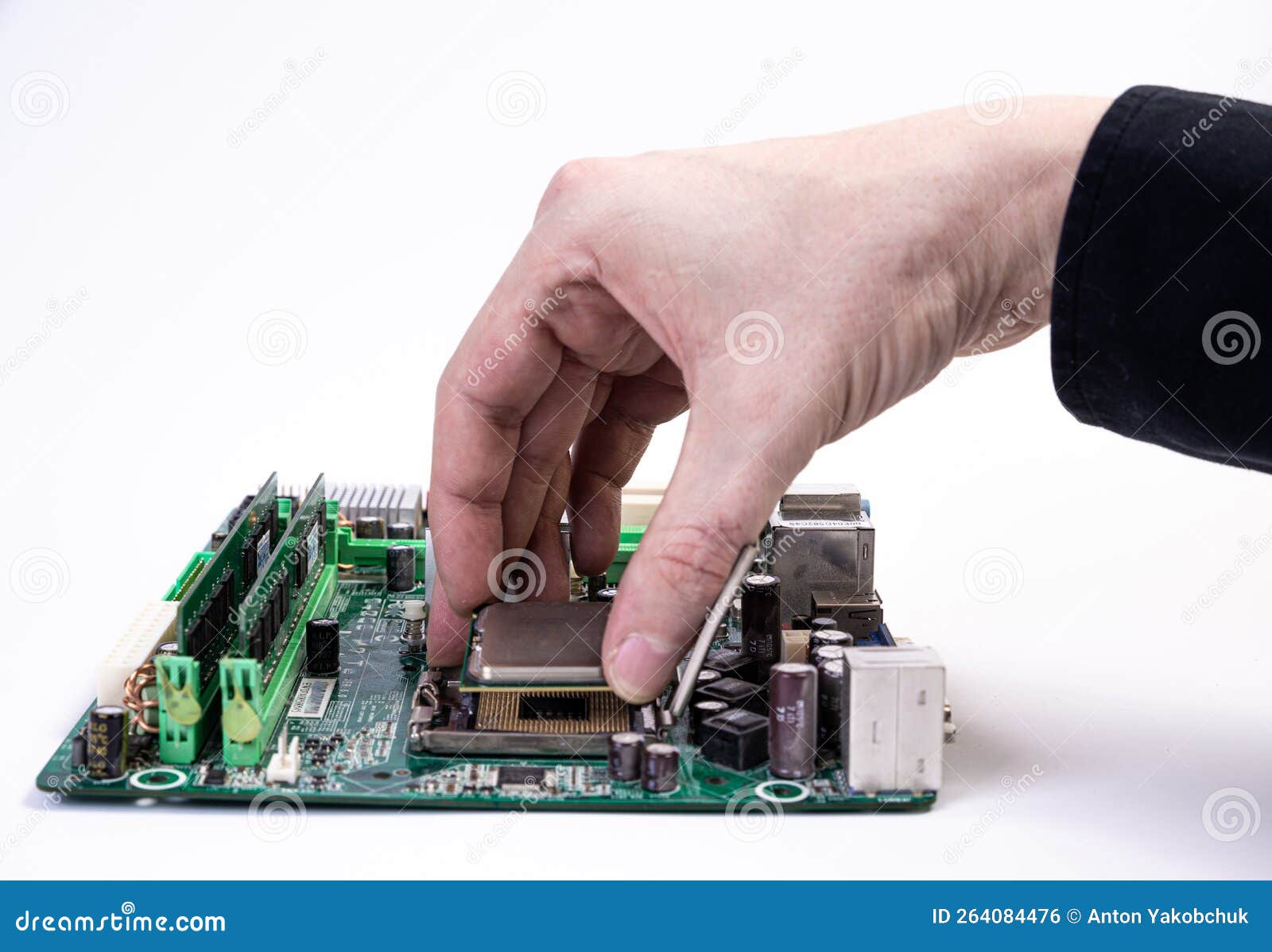 Engineer Repairman Holding Hands in Black Gloves Chip Processor, CPU To ...