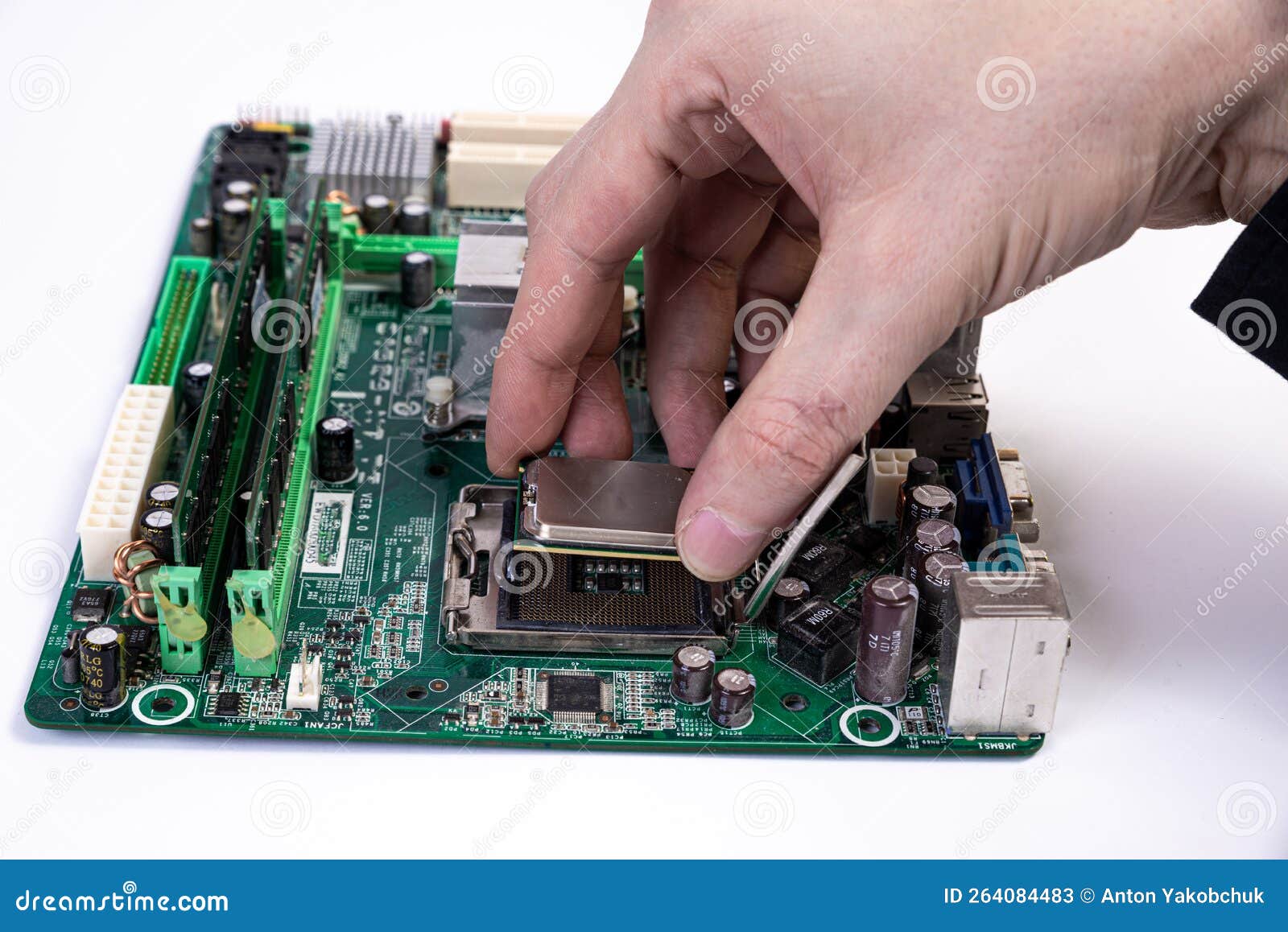 Engineer Repairman Holding Hands in Black Gloves Chip Processor, CPU To ...