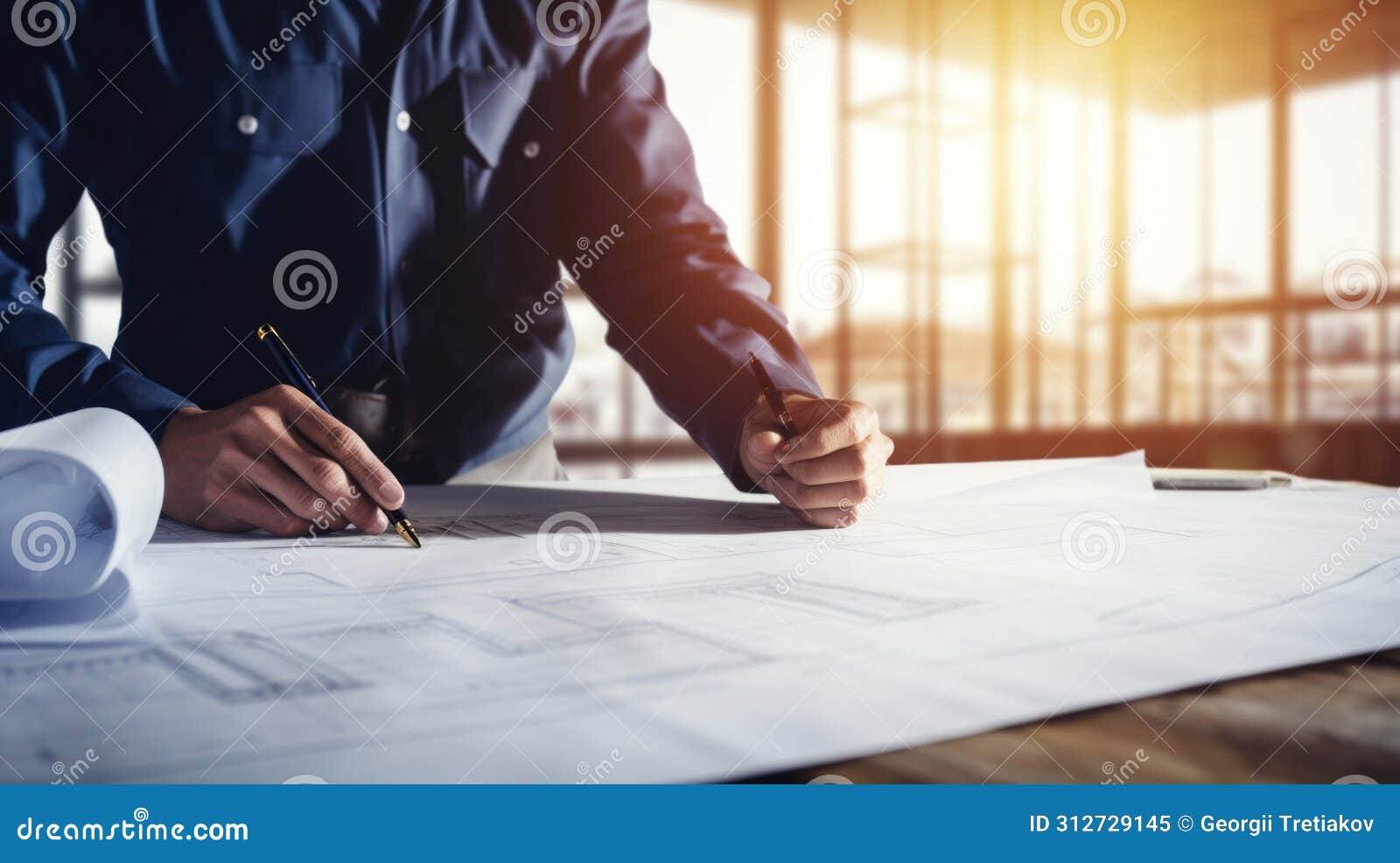 Engineer Reviewing Architectural Plans on Desk Stock Illustration ...