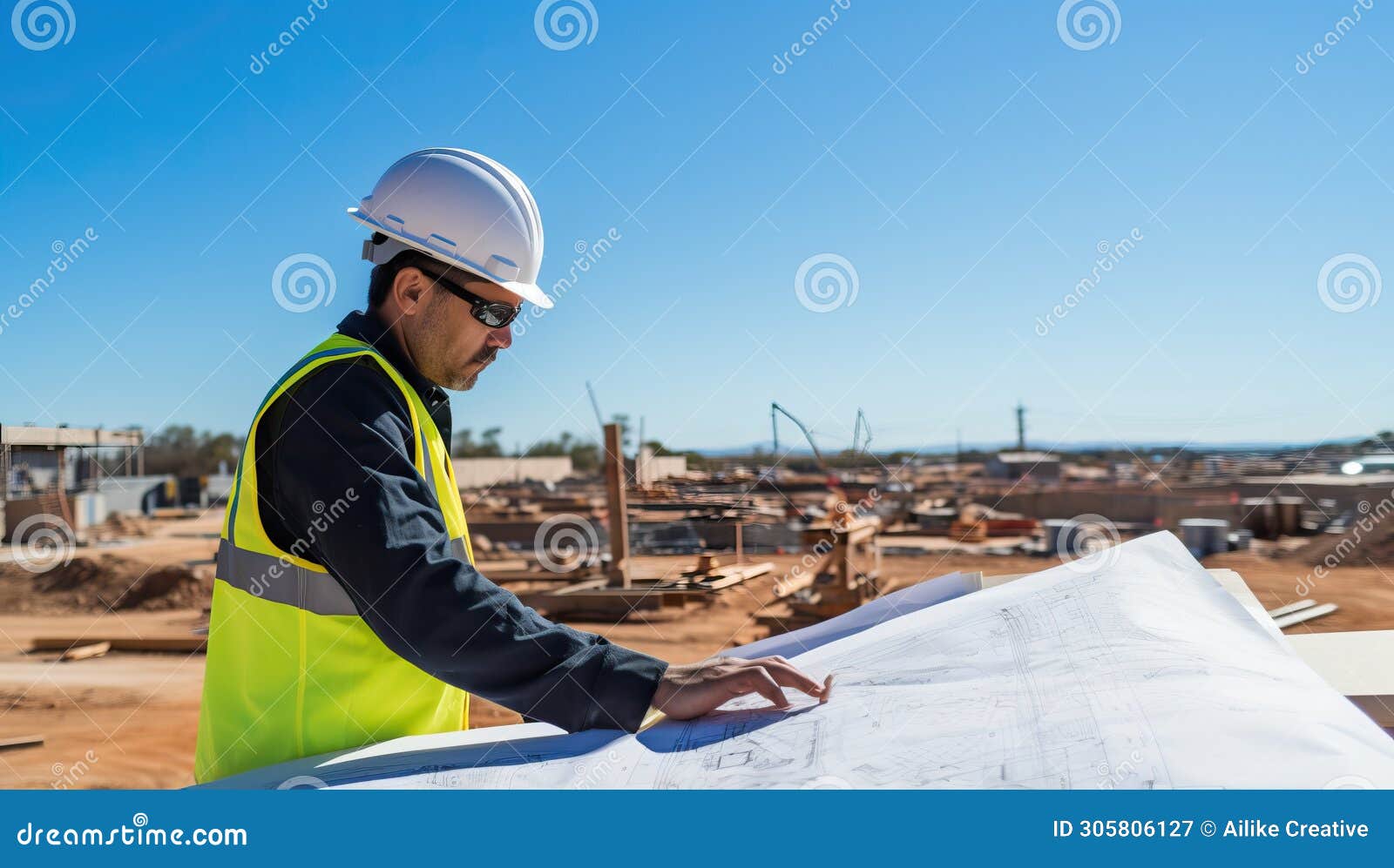 Engineer Reviewing Blueprints at Construction Site Stock Illustration ...