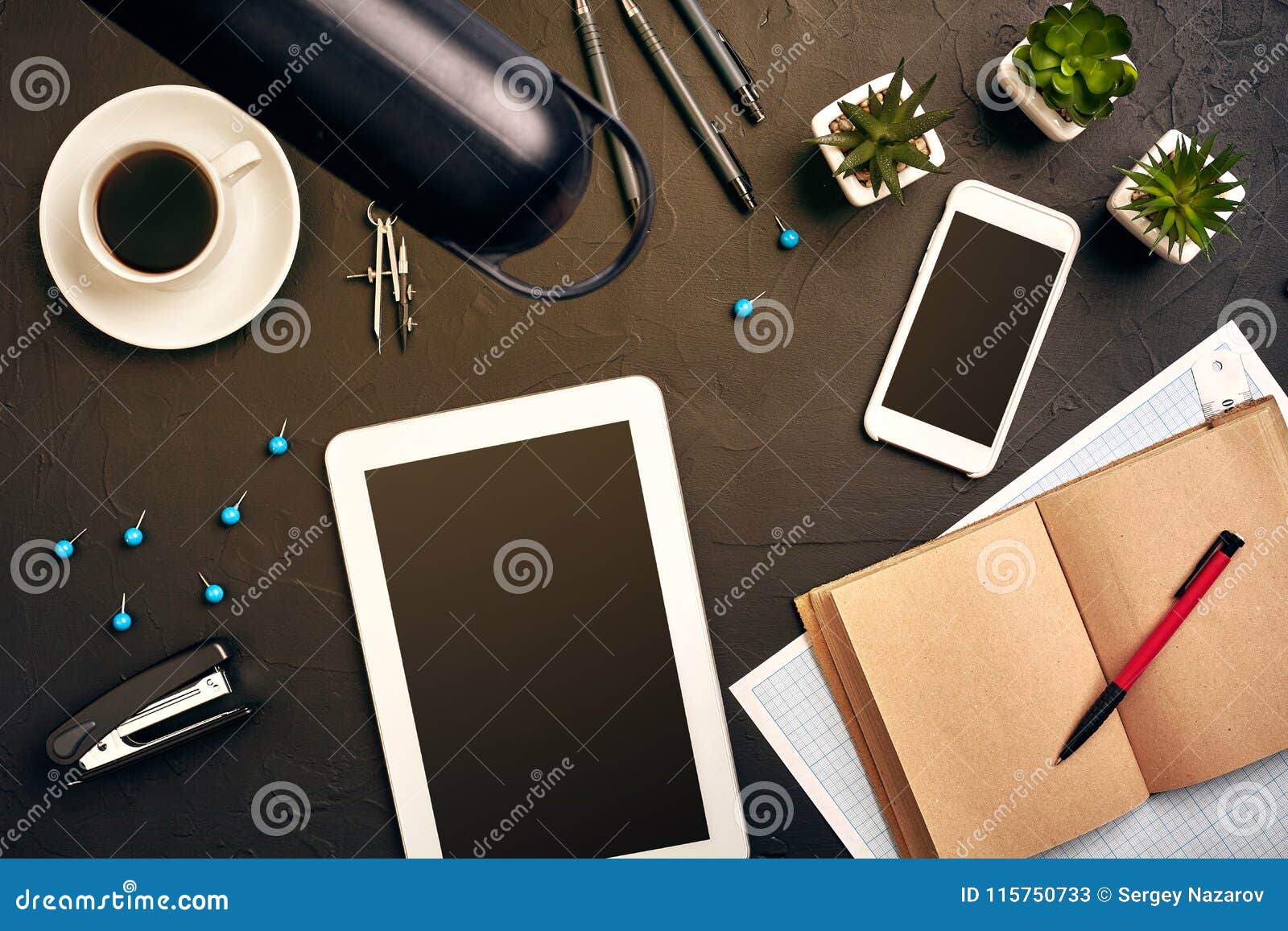 Engineer`s Desk in Office with Various Gadgets and Documents Stock ...