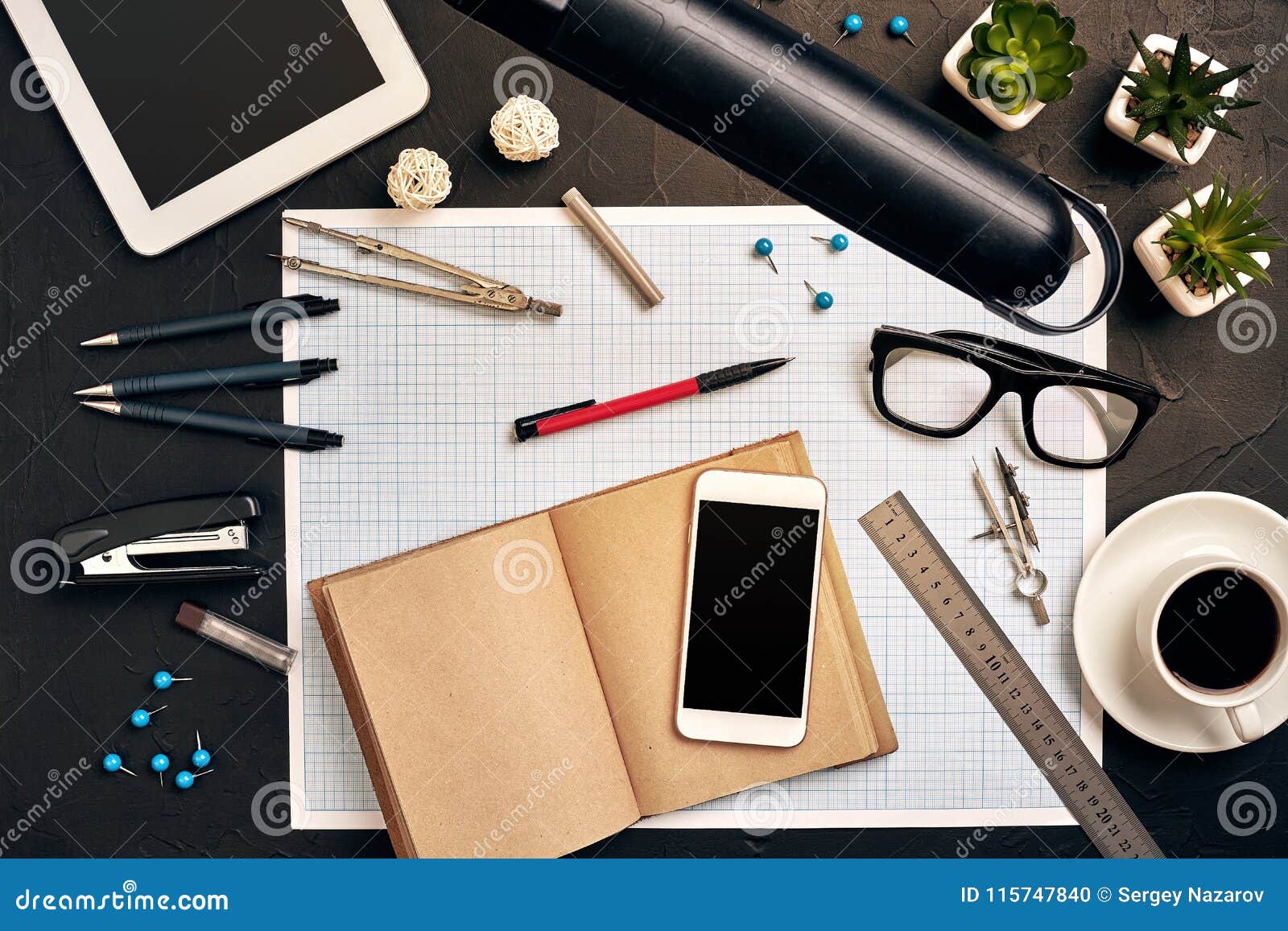 Engineer`s Desk in Office with Various Gadgets and Documents Stock ...