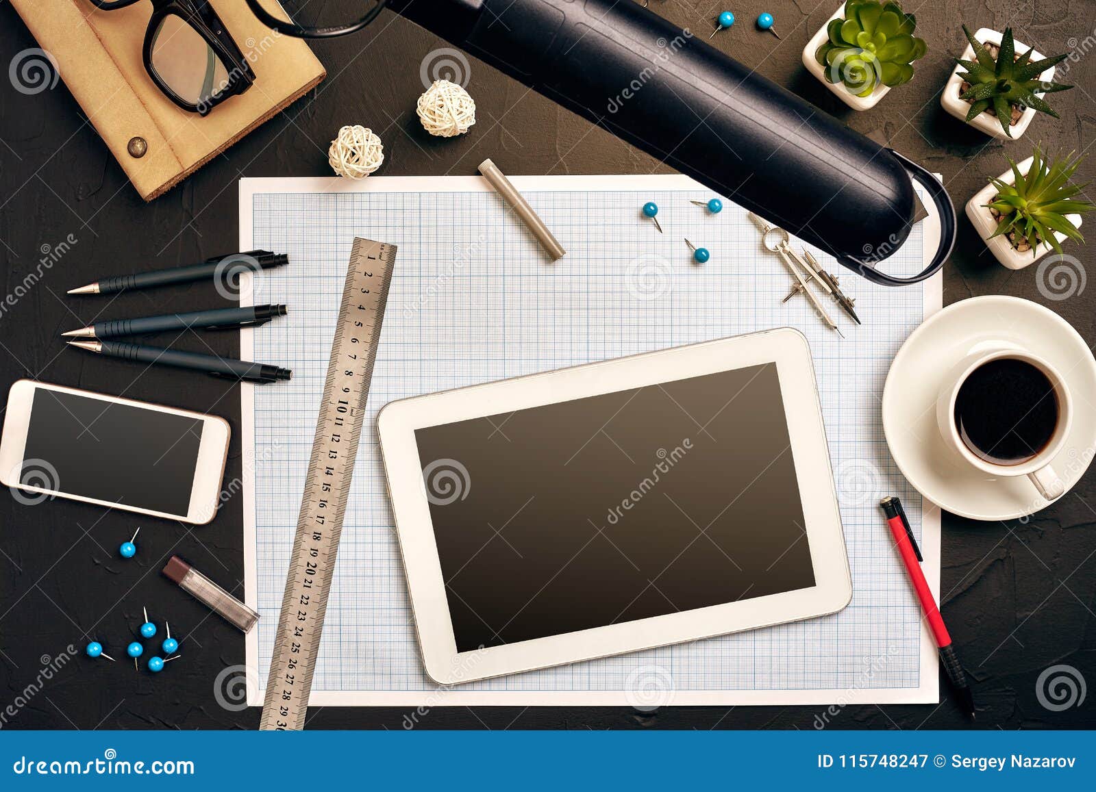 Engineer`s Desk in Office with Various Gadgets and Documents Stock ...