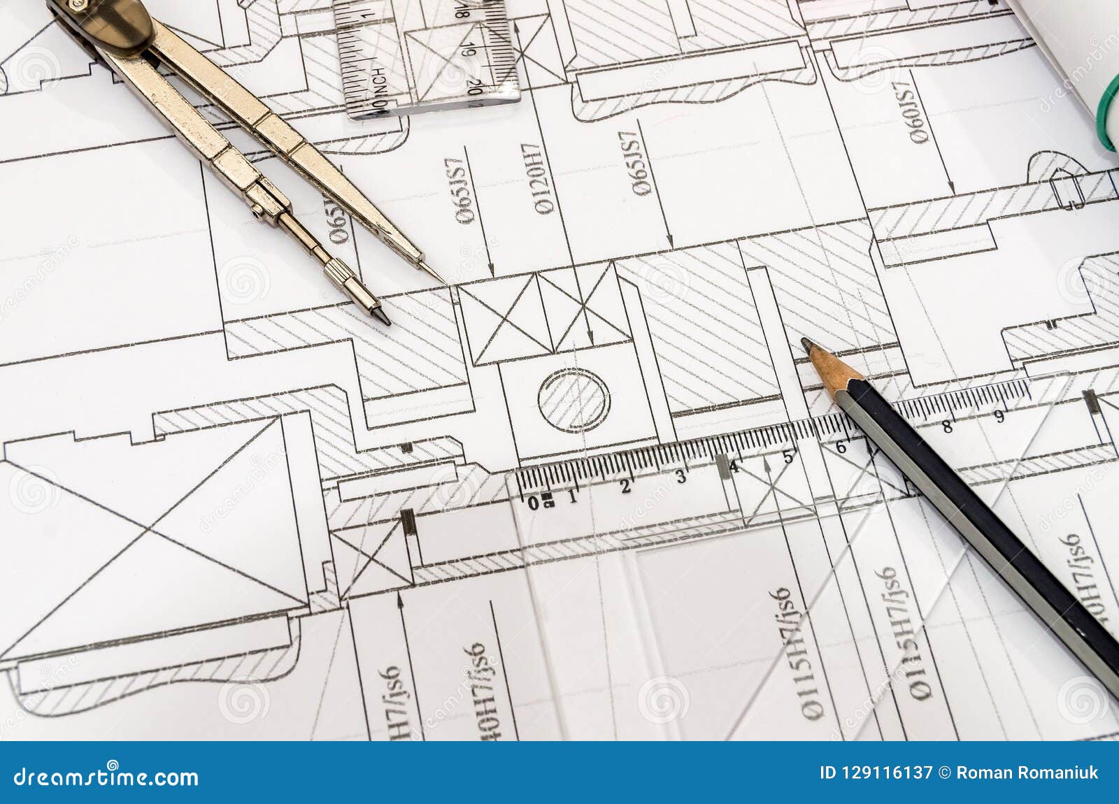 Engineer`s Drawing with Different Tools, Stock Image - Image of drawing ...