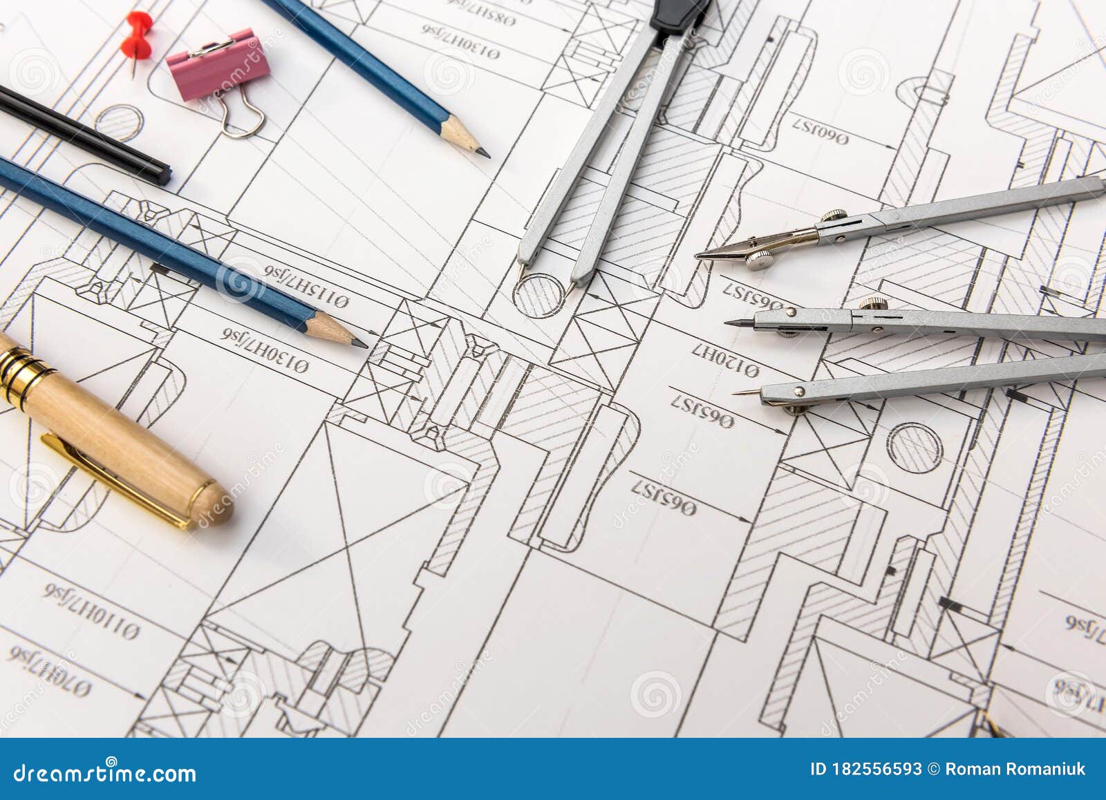 Engineer`s Drawing with Different Tools Top View. Technical Concept ...