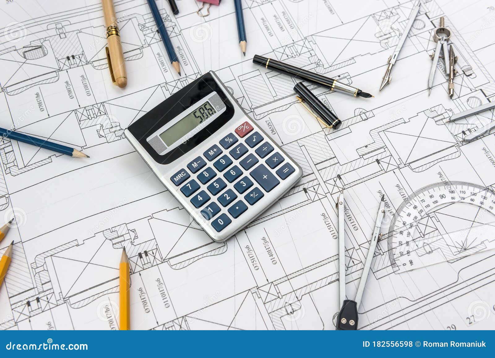 Engineer`s Drawing with Different Tools Top View. Technical Concept ...