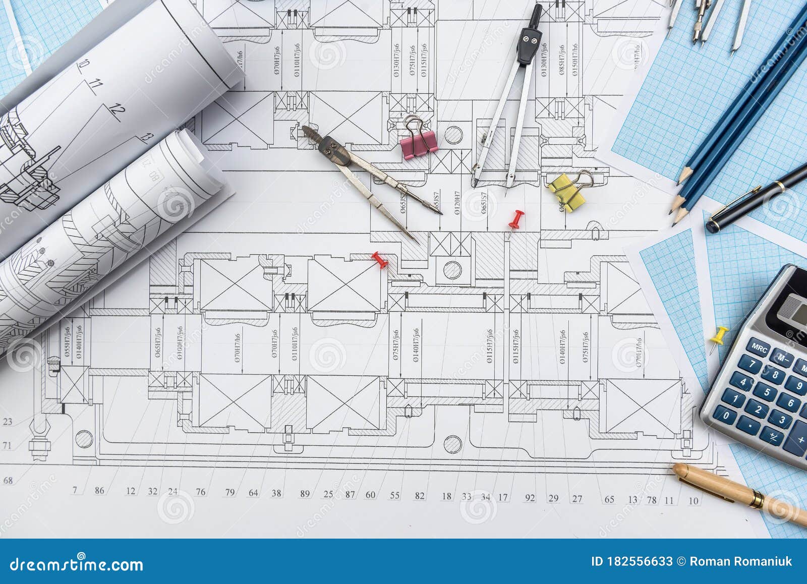 Engineer`s Drawing with Different Tools Top View. Technical Concept ...
