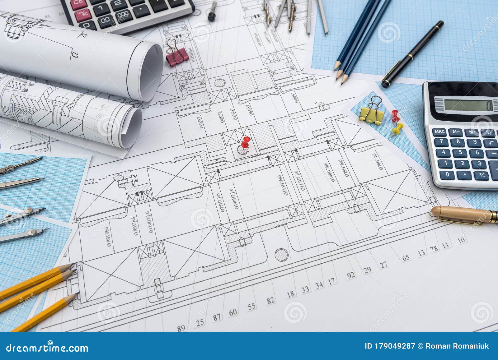 Engineer`s Drawing with Different Tools Top View. Technical Concept ...