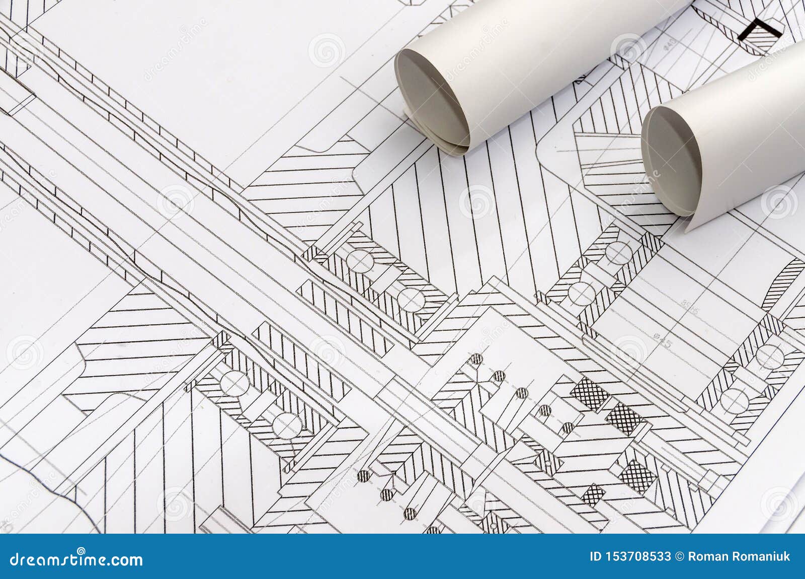 Engineer`s Drawing with Rolls Blueprint Close Up Stock Image - Image of ...