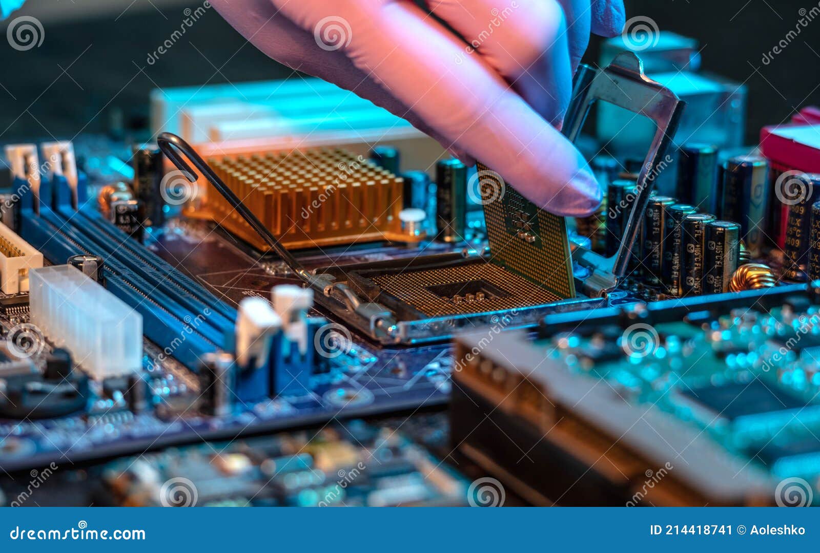 Engineer`s Gloved Hand is Holding the CPU Chip on the Background of the ...