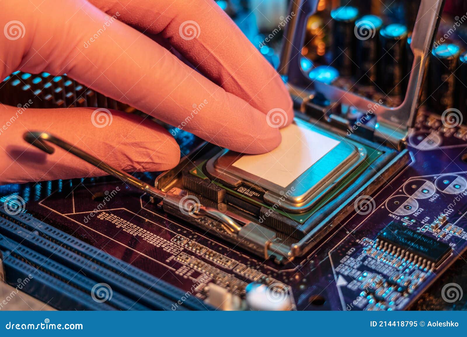Engineer`s Gloved Hand is Holding the CPU Chip on the Background of the ...