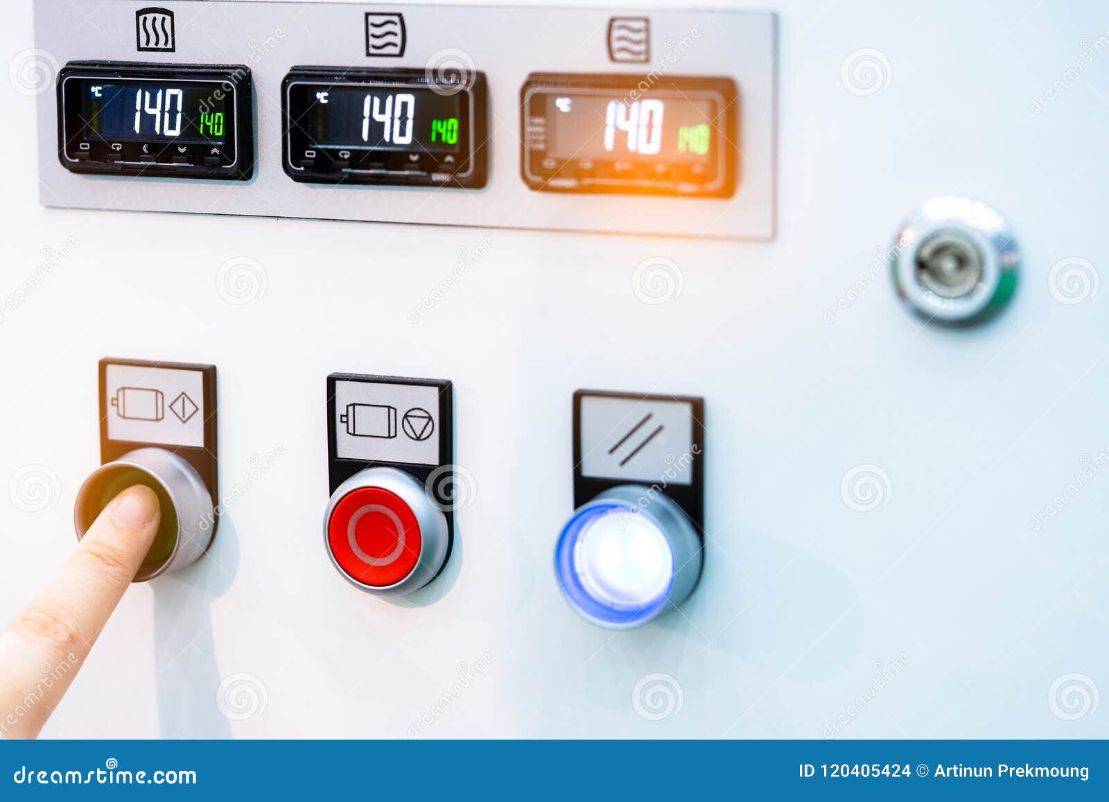 Engineer`s Hand Push Green Button To Open Temperature Control Machine ...