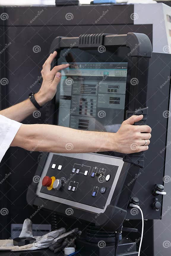 Engineer S Hand on Working Computer Panel of CNC Machine Stock Image ...