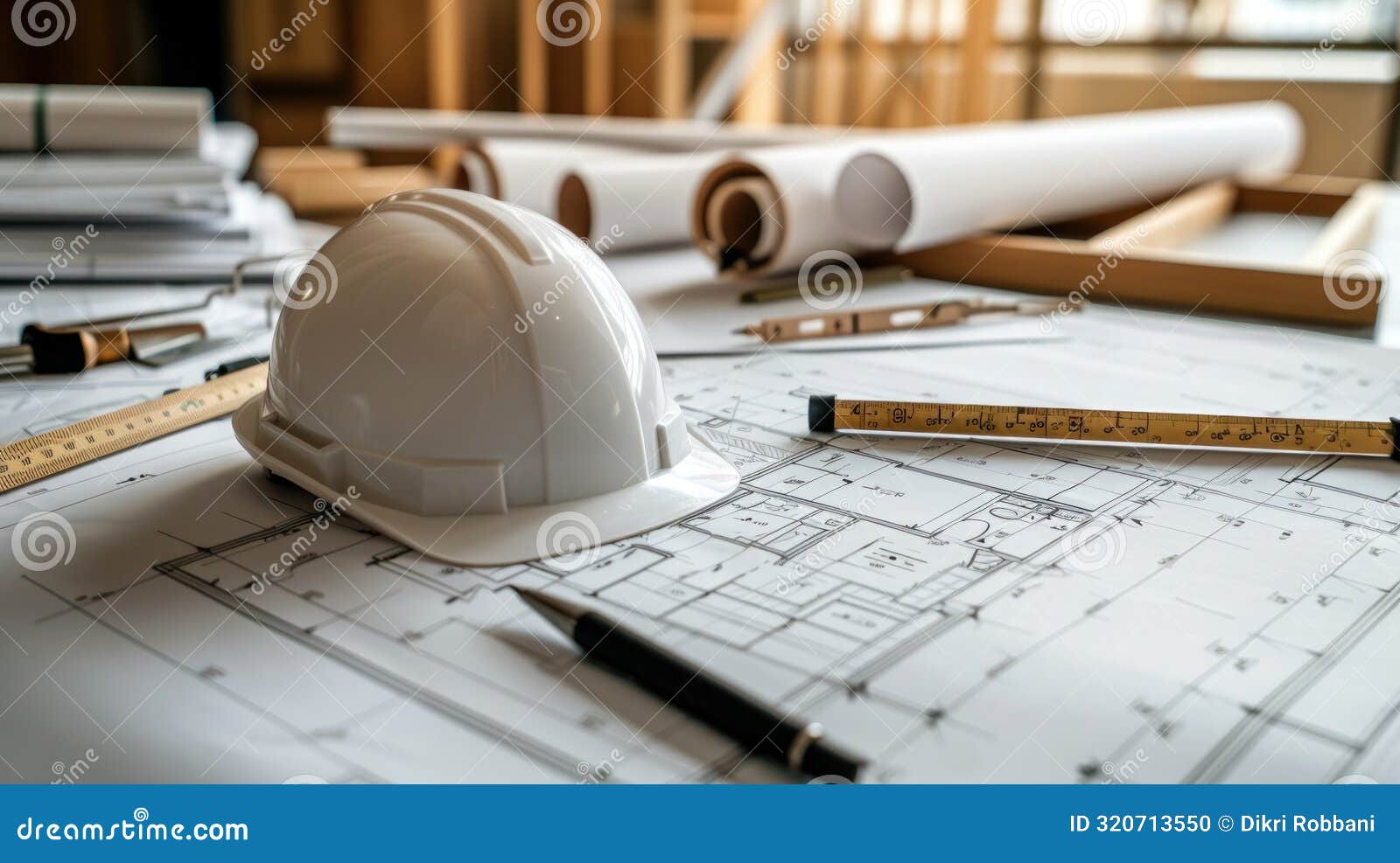 A Construction Engineer S Desk with Hard Hat, Blueprints, Measuring ...