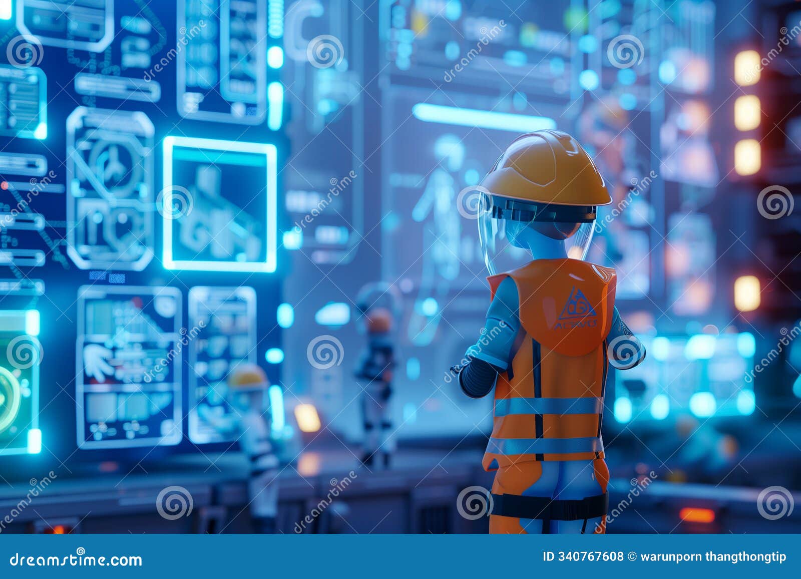 Engineer With Safety Gear Working On Holographic Data Visualizations ...