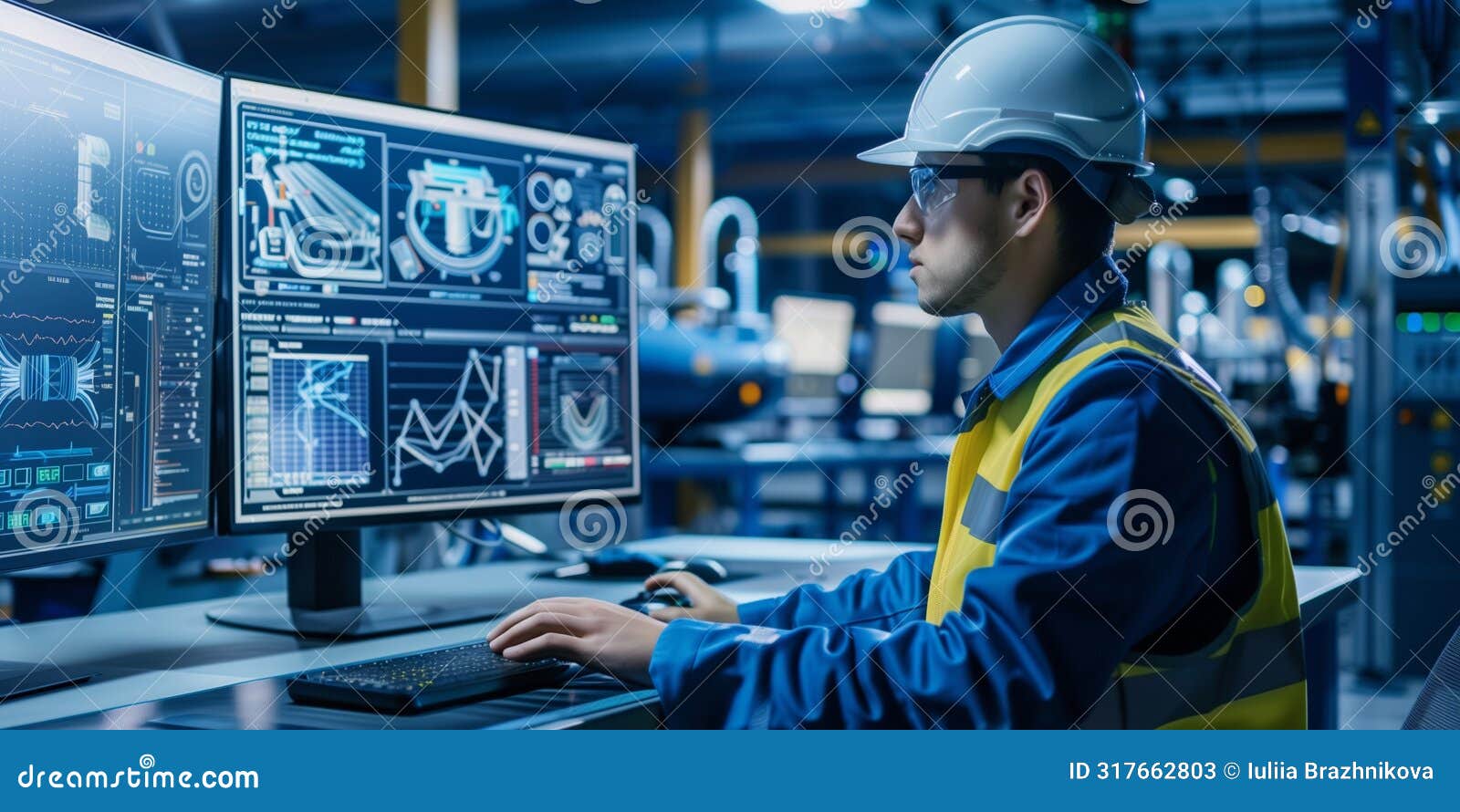 An Engineer in a Safety Vest and Hard Hat is Using Digital Design ...