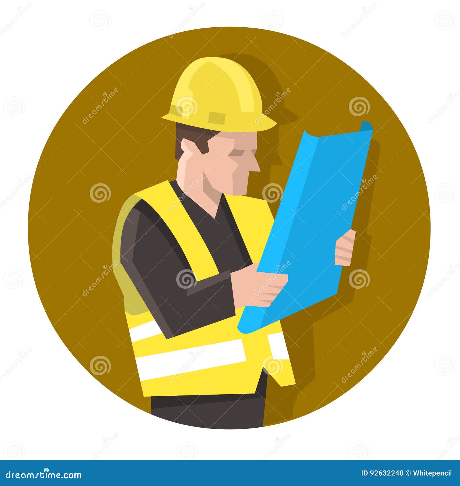 Engineer in Safety Vest Reading Blueprint Plan Stock Vector ...