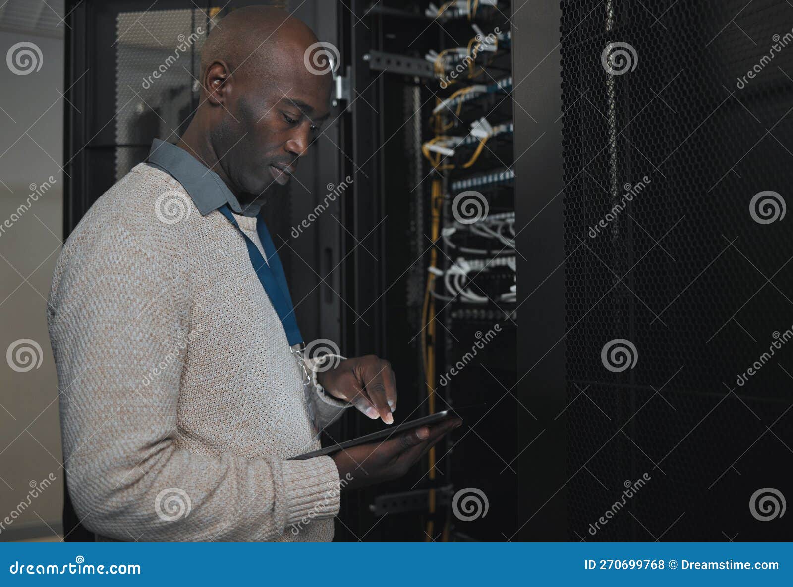 Engineer, Server Room or Black Man with Tablet for Database Connection ...