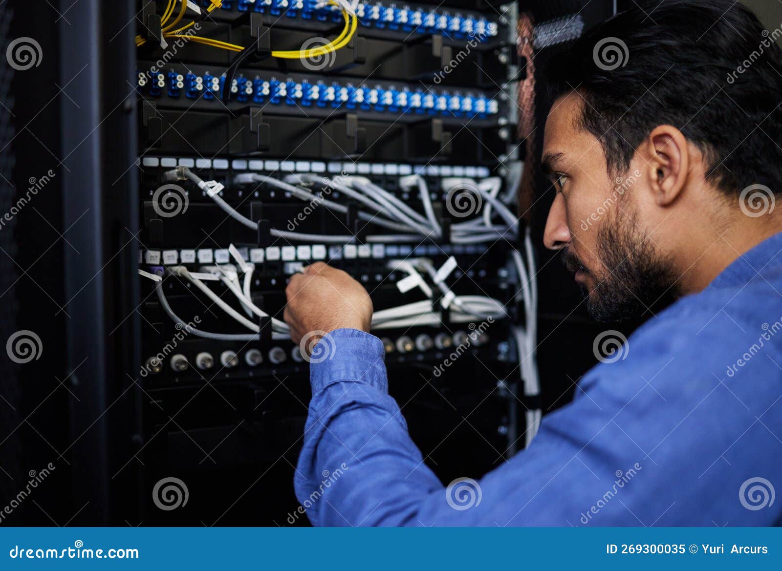 Engineer, Server Room and Man with Cable Connection for Software Update ...
