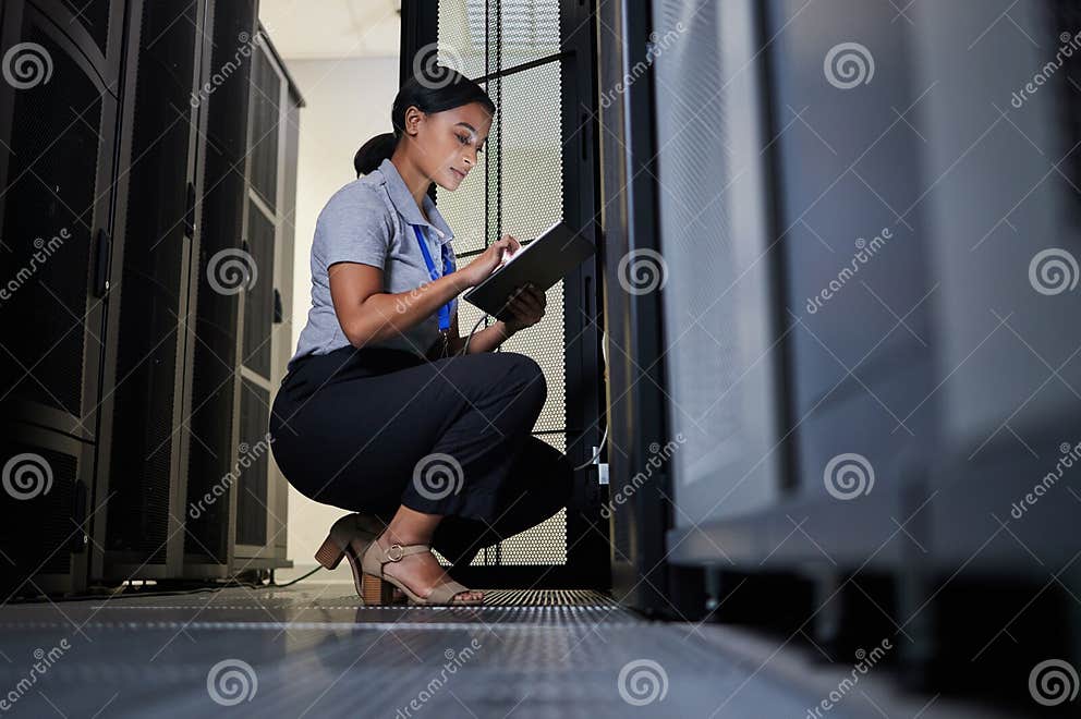 Engineer, Server Room and Woman with Tablet for Database Connection ...
