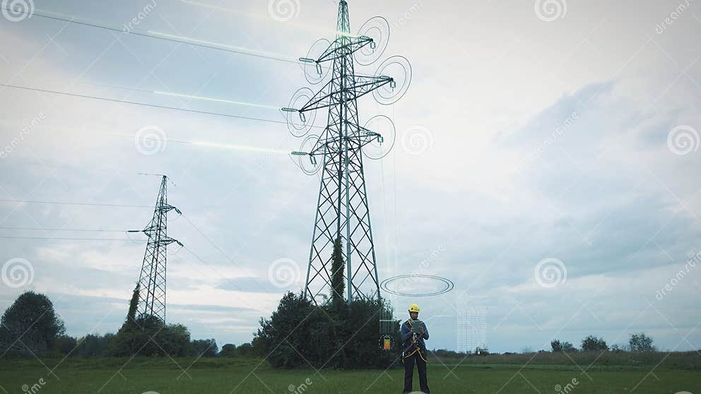 Engineer Servicing Electrical Pylon with Device. Graphic of Electric ...