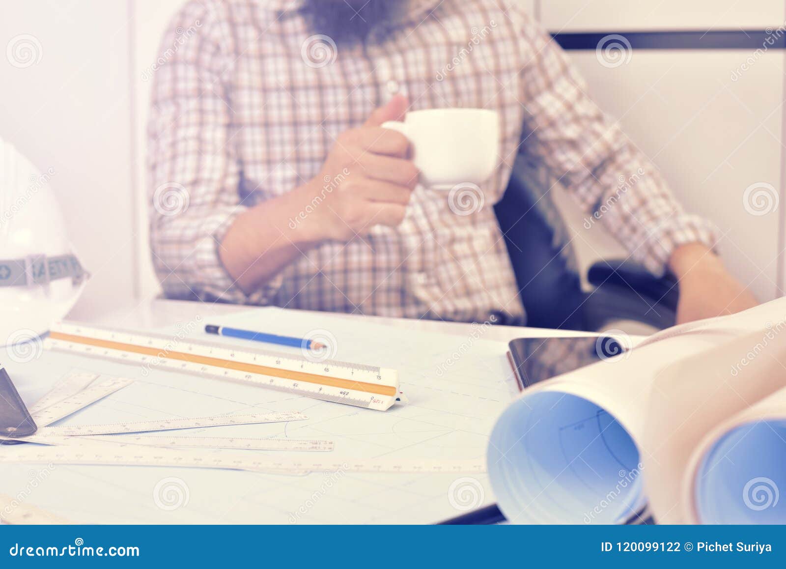 Engineer is Working on the Desk with Drawing Plan. Stock Photo - Image ...