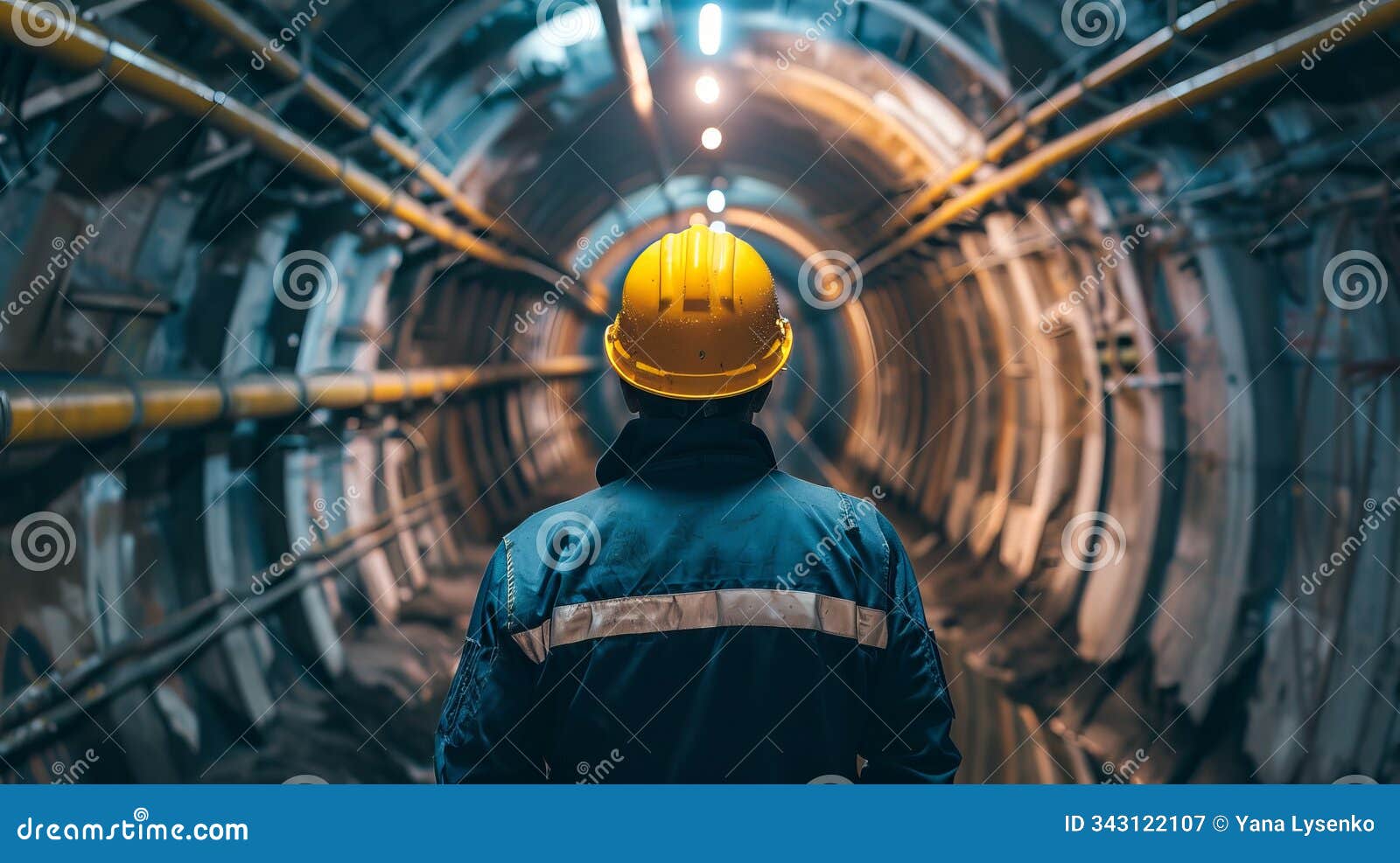 Engineer in a Spacious Underground Tunnel Wearing Safety Gear. Concept ...