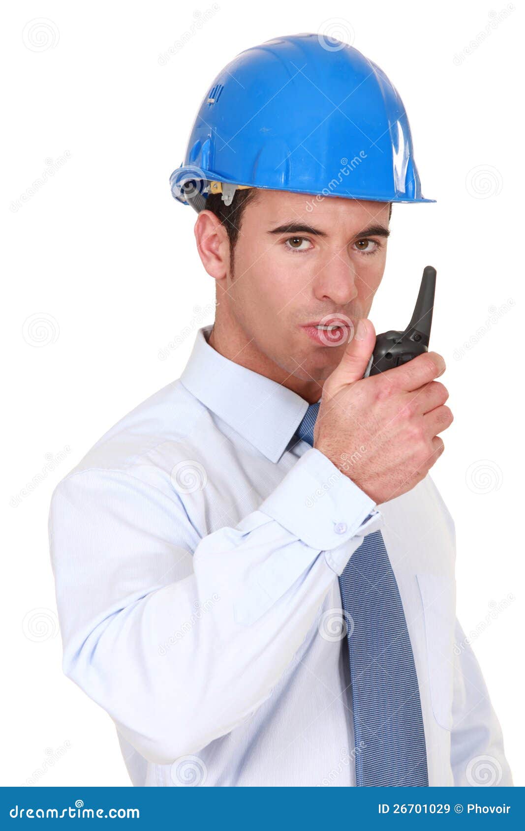 Engineer Speaking into His Walkie-talkie Stock Image - Image of shirt ...
