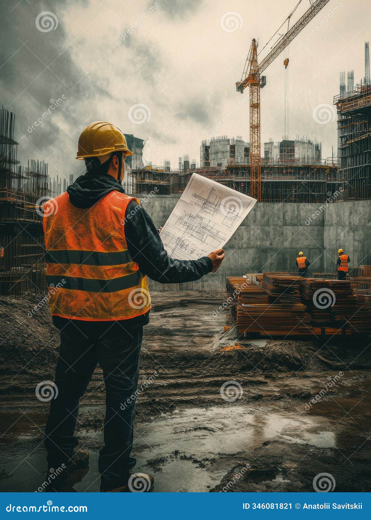 Engineer Standing on a Construction Site Holding Blueprints while ...