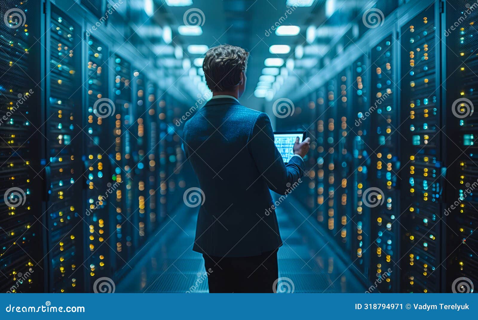 It Engineer Standing in Data Center Holding Laptop and Looking at Rows ...