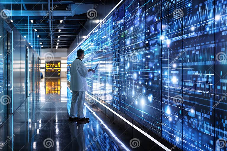 Engineer Standing in Front of a Large Data Display in a High-tech ...