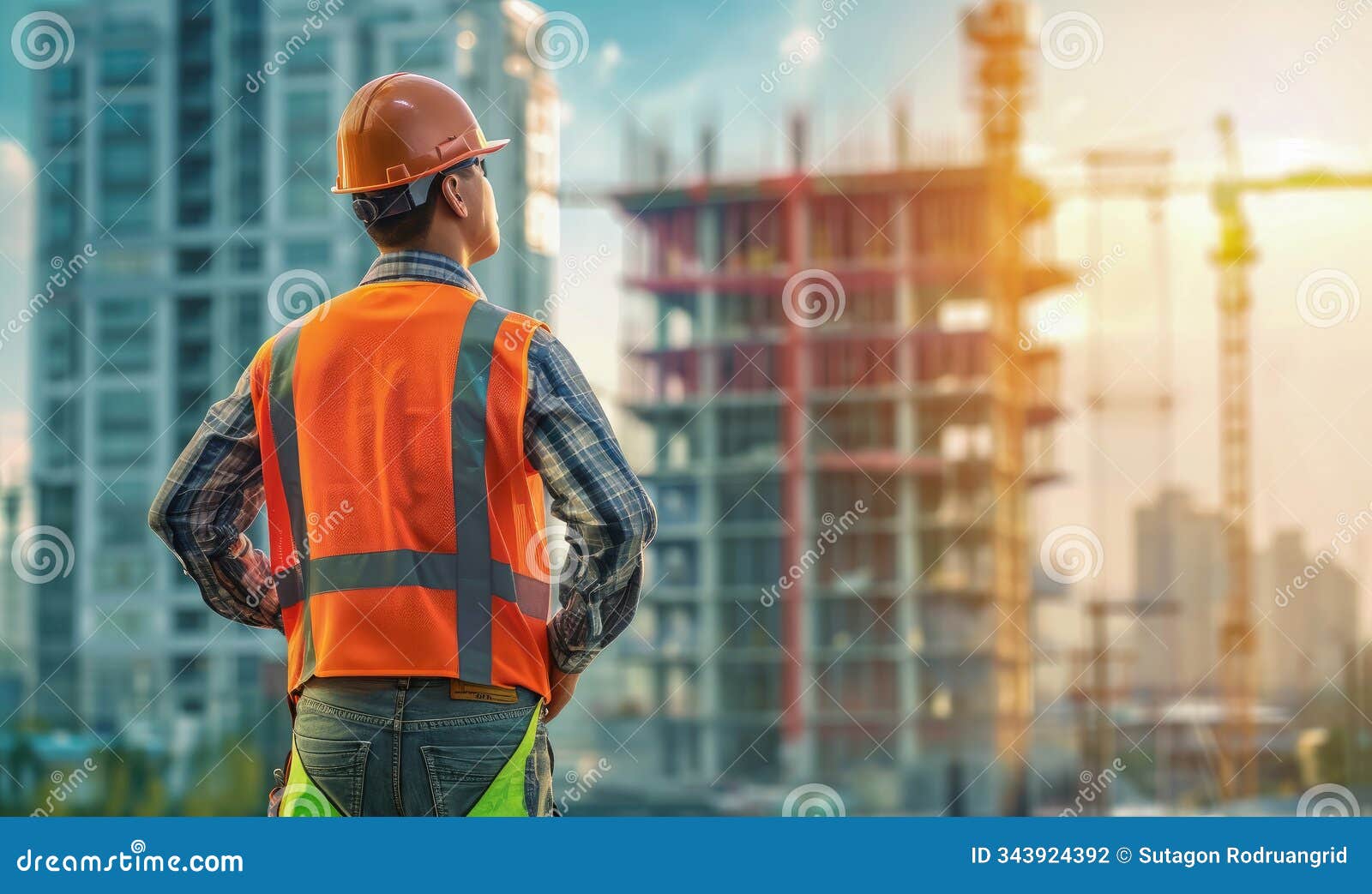 Engineer Standing and Supervising Construction Work the Background is a ...