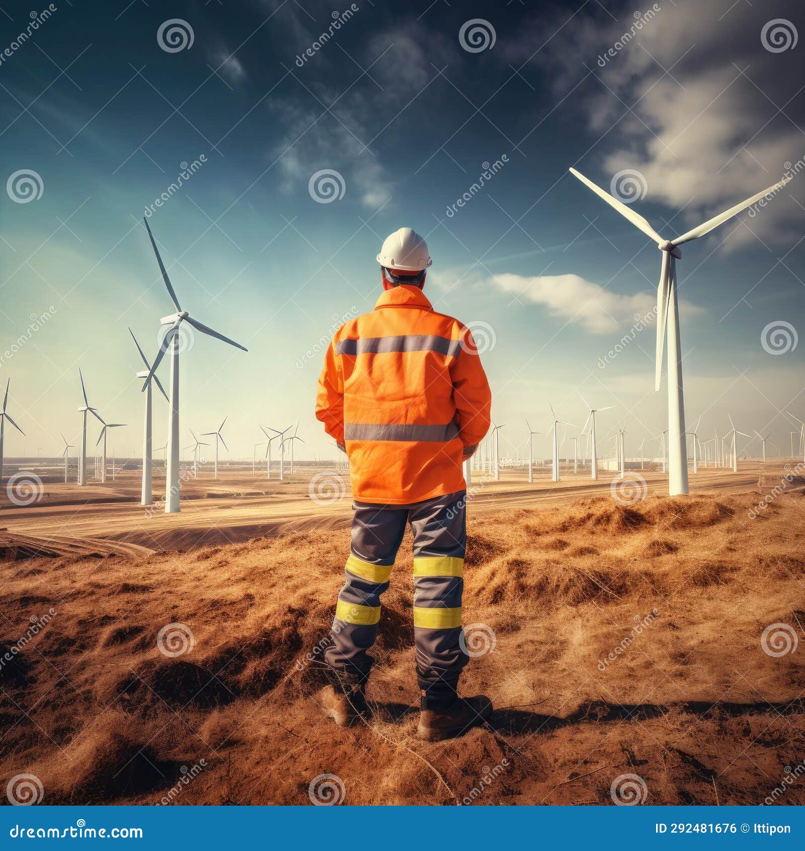 Engineer Standing at the Wind Turbine Plant. Stock Illustration ...