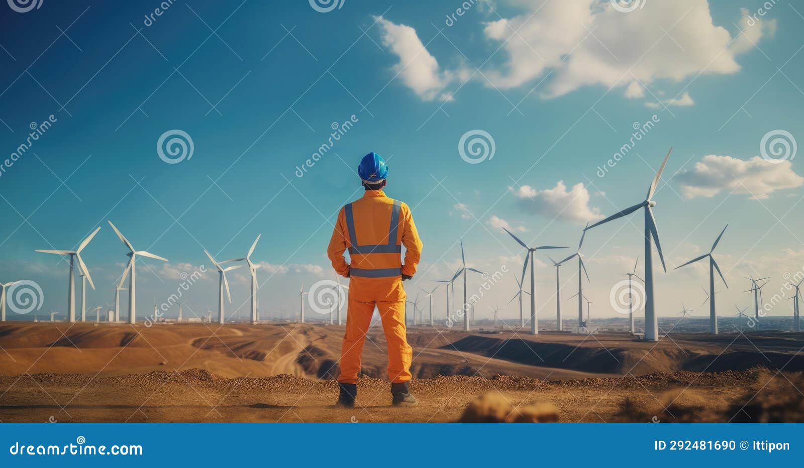 Engineer Standing at the Wind Turbine Plant. Stock Illustration ...