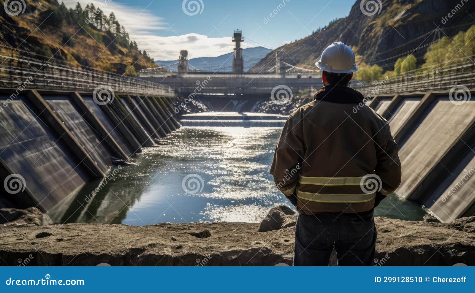 An Engineer Stands in Front of a Dam Stock Photo - Image of level ...